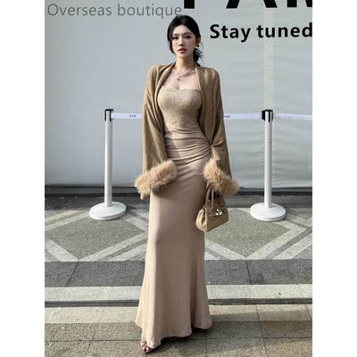 拼接蕾丝吊带连衣裙开衫毛毛外