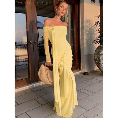 一字肩修身绑带连衣裙