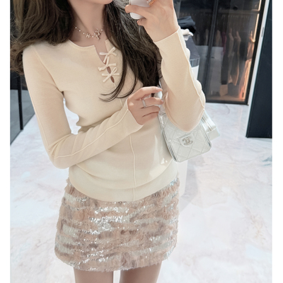 RUBBIT原创‘法式衣橱’气质唯美 V领小蝴蝶结可机洗羊毛针织毛衣