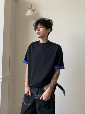 Uekk老钱风正反面撞色翻边T恤