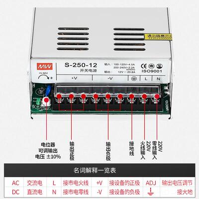高档明伟开关电源S-250供W-12V20A监控AL头ED摄像集中电工控C转直