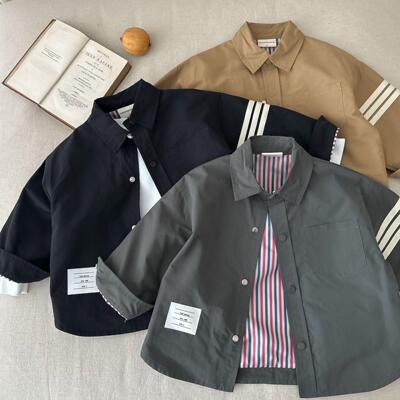 儿童韩版灯芯绒衬衣三道杠外套