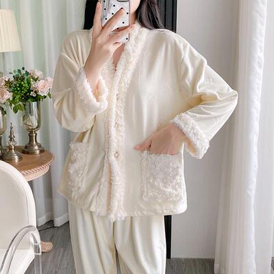 Velvet sleepwear, women's long sleeved pants, thick soft