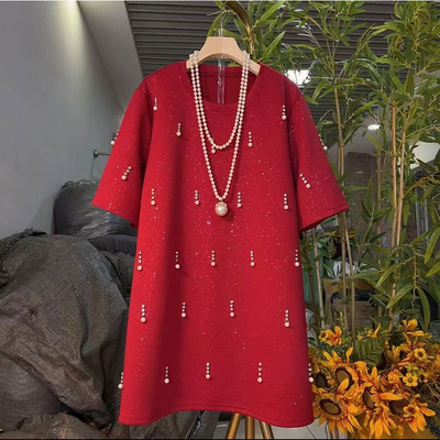 胖mm时尚钉珠短袖中长款显瘦大衫