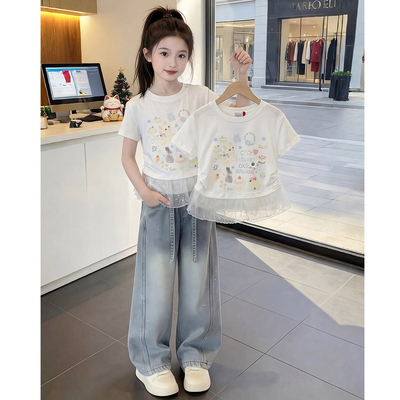 女童短袖t恤夏季2026新款洋气儿童时髦卡通蕾丝上衣女孩夏装衣服