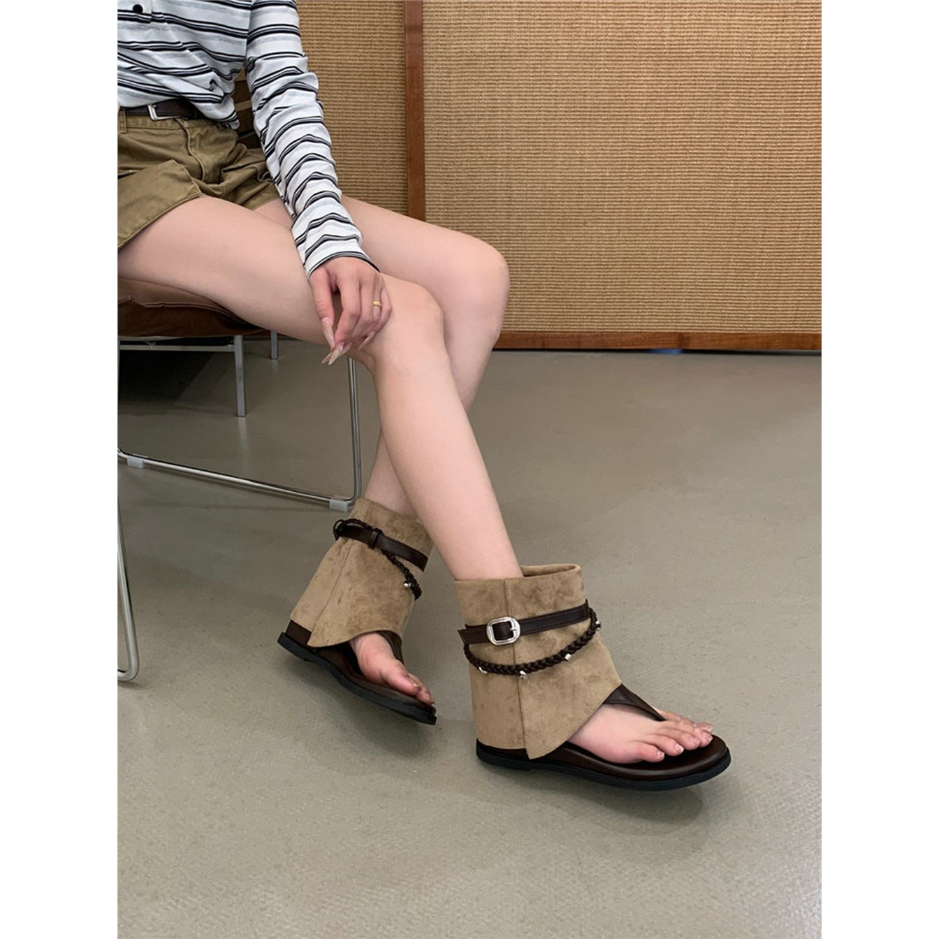 内增高夹趾凉靴女2026新款夏季复古西部镂空短靴透气罗马凉鞋