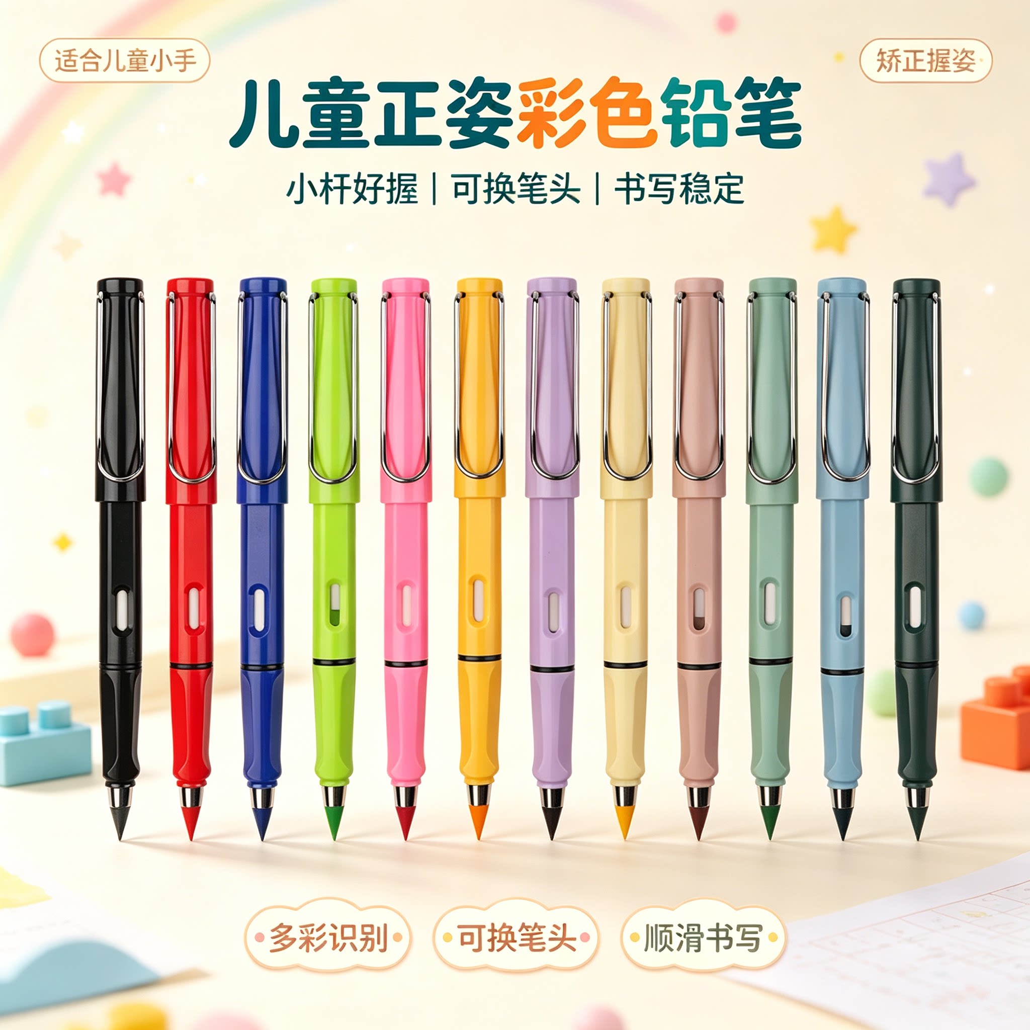 学生正姿彩色铅笔可换笔头矫姿握姿写字训练笔永恒正姿铅笔注铅笔
