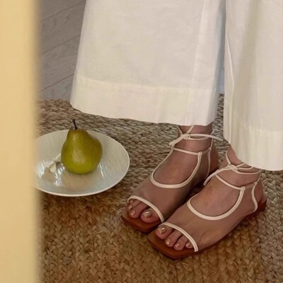 法式小众罗马透气网纱平底凉鞋女