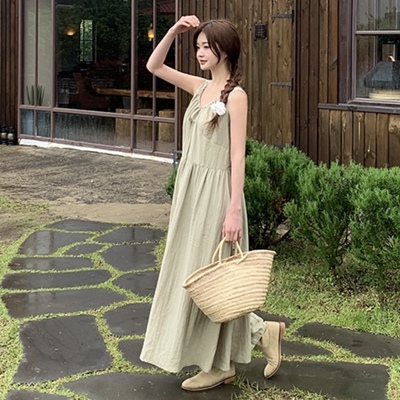 韩国正品v领无袖连衣裙亚麻棉女attrangs代购26春夏韩式休闲长裙