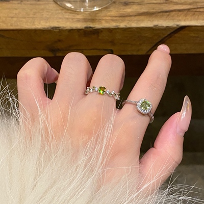 橄榄绿方糖锆石开口戒指女设计