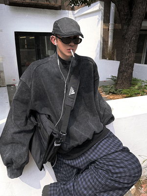 Aurocean 暗黑学院短宽卫衣 420克重磅纯棉炒色破损做旧复古大V领