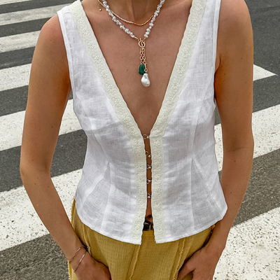 女士背心拼接花边V领无袖上衣