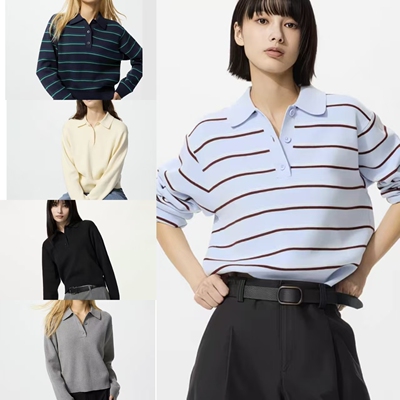 女装柔滑棉质POLO领条纹针织衫/毛衣毛衫26春夏新款484503 482971