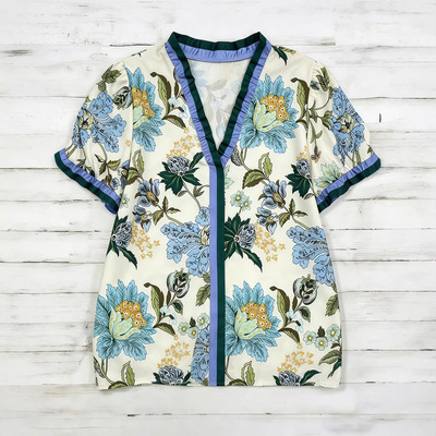 Women's printed V-neck mushroom short sleeved chiffon shirt