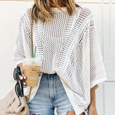 sexy women's knitted sleeves hollow shirts bikini cover top