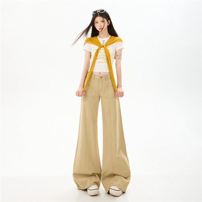 早春新款棉休闲柔软舒适不贴腿微喇牛仔裤女拼接显瘦喇叭长裤