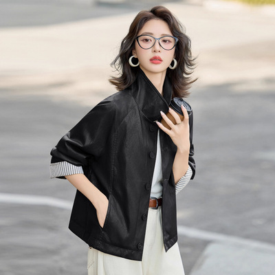 黑色慵懒风韩版宽松皮衣外套女春秋年新款小个子减龄皮夹克潮优雅