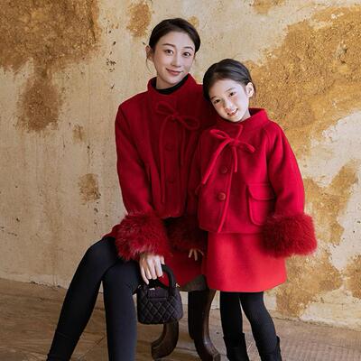 亲子新年网红母女高端仿羊绒呢大衣可拆卸大毛袖毛呢2件套