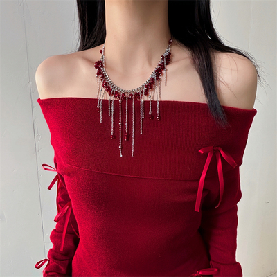 红色流苏长款垂坠性感气质项链