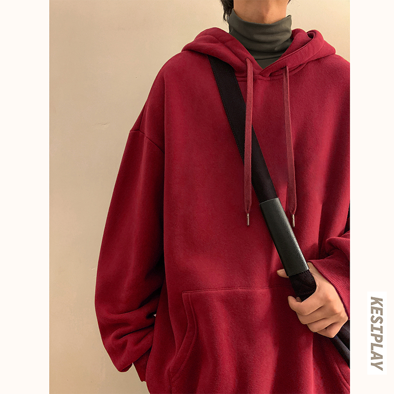 酒红色540g重磅卫衣美式高街男潮ins冬季加绒加厚连帽衫情侣外套_虎窝淘