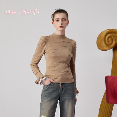 法式荷叶边袖针织衫上衣