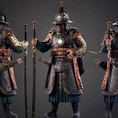 maya影视级古代人物元朝将军盔甲铠甲中国甲胄3d模型弓箭手男人