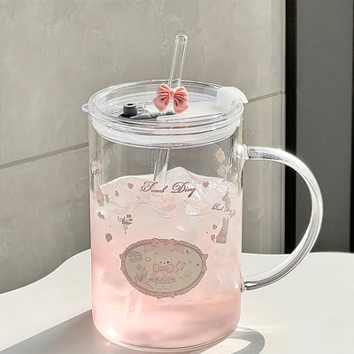 高颜值冷饮果茶玻璃杯把手吸管杯
