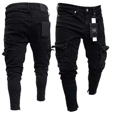 黑色拉链长裤春秋小脚牛仔裤男