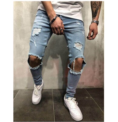 修身破洞牛仔裤男装长裤小脚裤