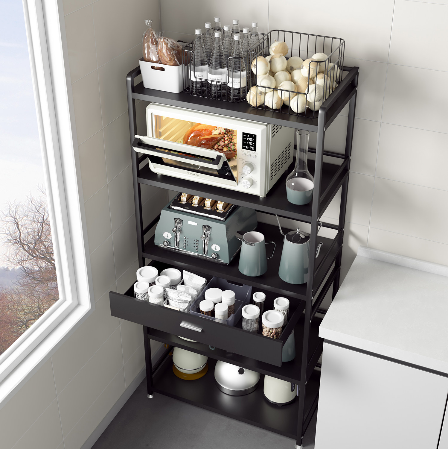 厨房置物架多层落地储物架家用微波炉架子锅架烤箱收纳架柜带抽屉_虎窝淘