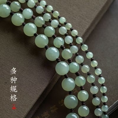 天然东陵玉玉石圆珠手工编织吊坠挂绳和田青色玉珠链项链绳百搭