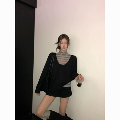 TAKE 针织衫女秋季穿搭2026新款长袖上衣黑色韩系宽松慵懒风毛衣
