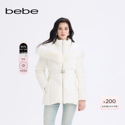 bebe2025秋冬新款女士狐狸毛帽边束带沙漏气质风连帽羽绒服403202