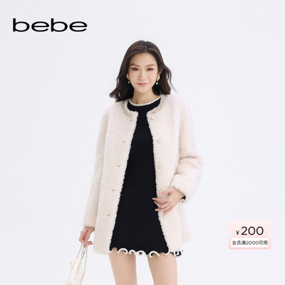 bebe2025秋冬新款女士轻奢圆领中长款羊毛质感仿皮草外套402117