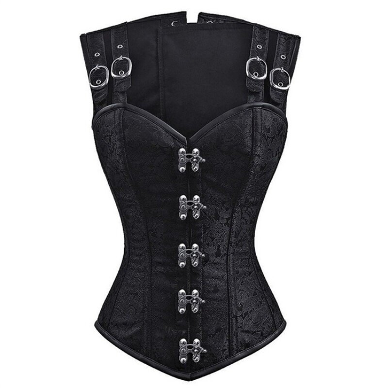 新款黑色系带无袖12钢骨束身衣双扣链纽扣收腹小腰塑身上衣corset