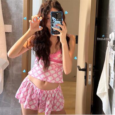正品 IAMGIA 蝴蝶结丝带印花蕾丝吊带背心短裤家居服连衣裙套装