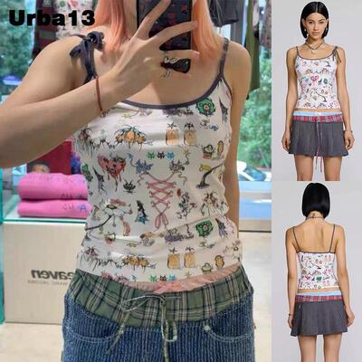 Urba13买手店现货正品Heaven漫画涂鸦印花蝴蝶结吊带修身上衣