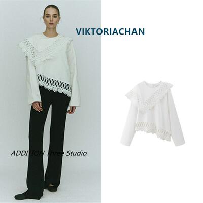 现货 VIKTORIACHAN 新款白色流苏不对称翻领长袖蕾丝镂空衬衫上衣