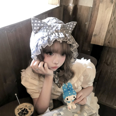 韩系春夏飘带蕾丝猫耳包头帽