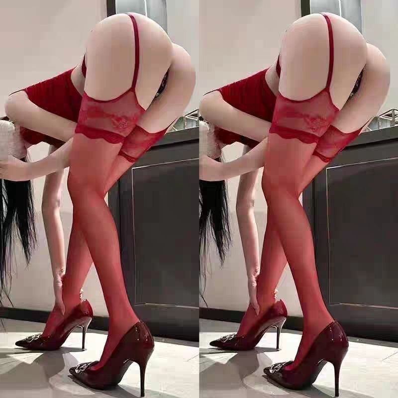 性感超薄红色黑丝辣姐吊带高筒蕾丝纯欲长筒袜御姐花边吊带丝袜