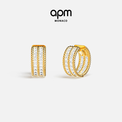APM Monaco金黄色Cordage Pavé圈形耳环扭纹双层精致耳饰礼物