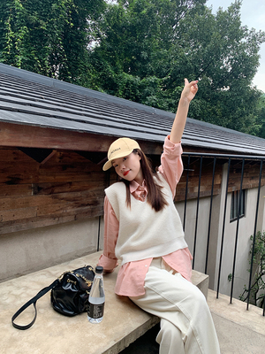 Peanut花生糖华夫格肌理感马甲背心秋季新款宽松百搭v领无袖上衣