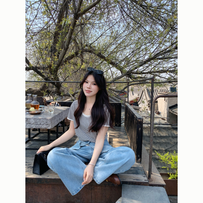 Peanut 花生糖 卷边冰丝针织短袖T恤夏季新款正肩休闲百搭上衣