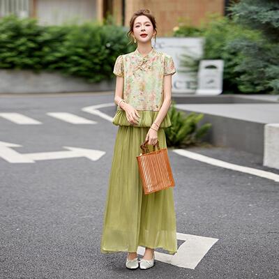 中式国风套装质女夏新气盘扣ZCAI8221新短袖上衣款显瘦半身裙两件