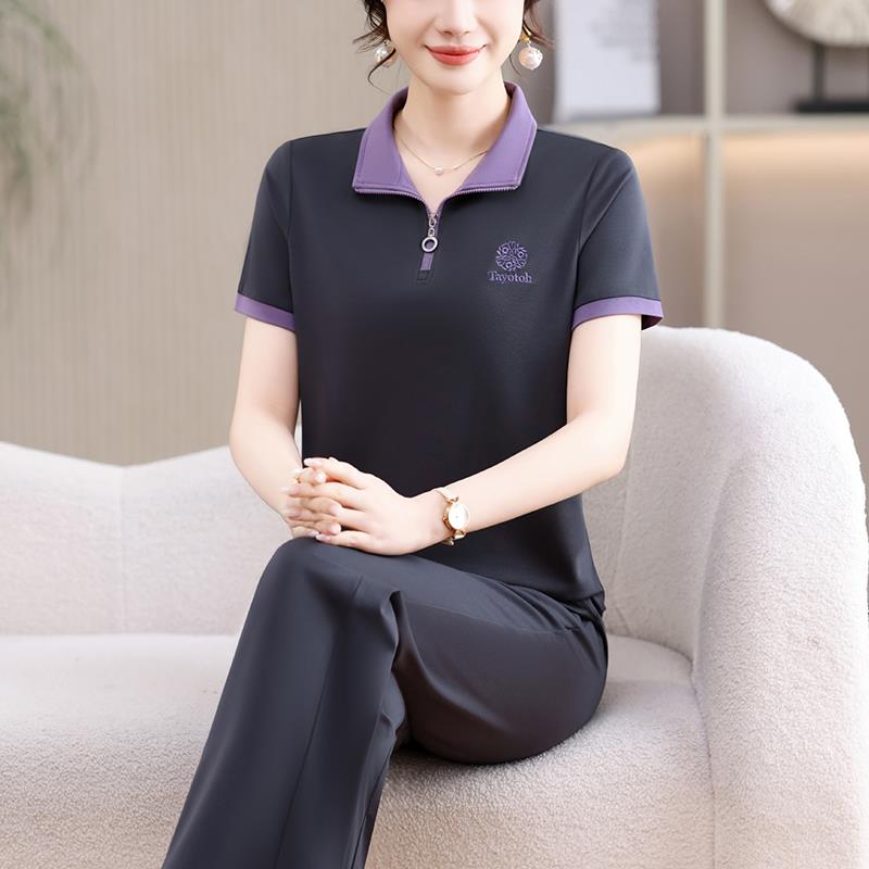 1077899中老妈妈立领袖运动套装女拉链撞色两服年件套宽松显瘦休