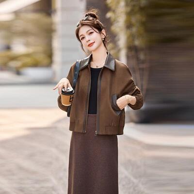 皮短款外麂套绒女年春ZHAN6819秋新款老风复古休闲拼皮翻钱领夹克