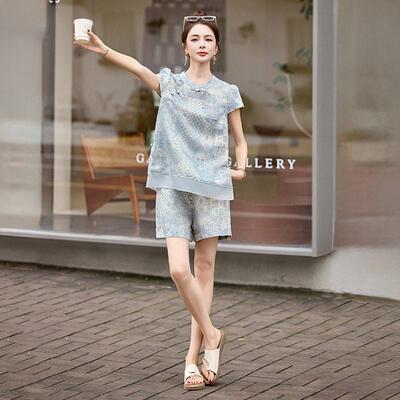 新中式风套阔装女夏新款级看盘扣上HE5088-0衣腿裤感两件好套