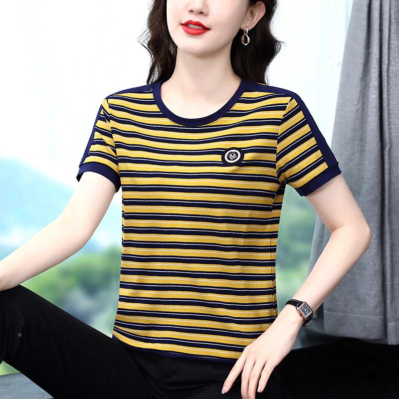 条708116纹妈短袖恤女妈夏装圆领休闲时尚纯棉衣款年新上减龄体桖