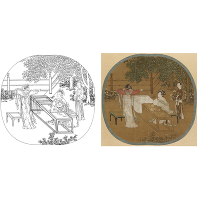 工笔画白描底稿圆形人物南宋刘松年宫女图仕女画临摹线稿高清打印