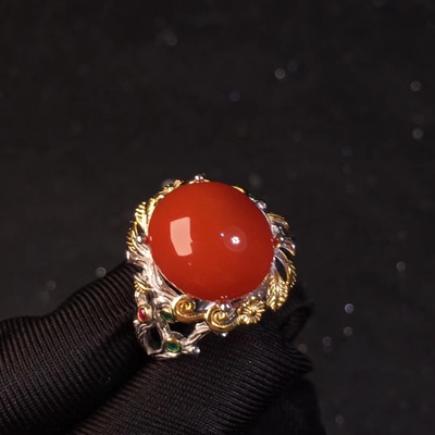 天然原矿保山南红冰红diy戒指925银镶嵌女戒百搭项链吊坠靓丽大方